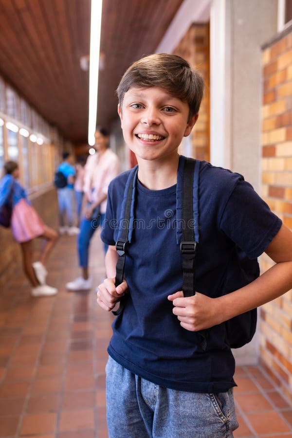Smiling Boy Backpack Standing School Hallway Ready Class Stock Photos ...