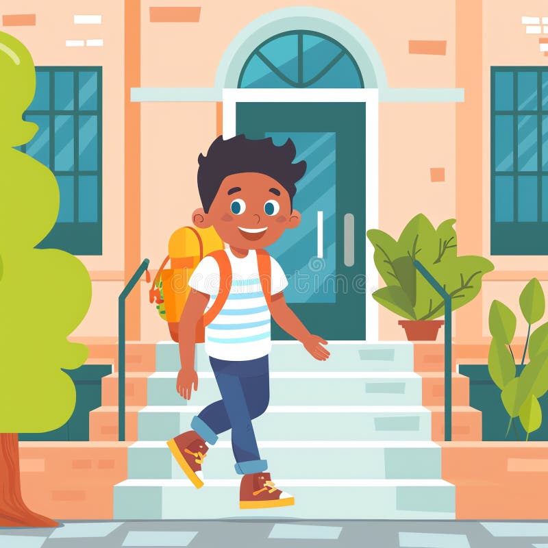 Smiling Boy with Backpack Walking Up Stairs To a House in Front of a ...