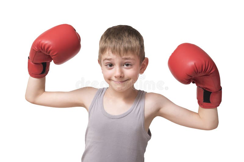 Smiling Boy in Boxing Gloves. Isolate Stock Image - Image of sports ...