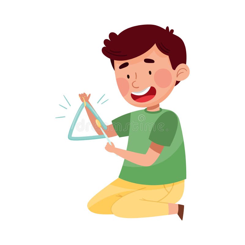 Smiling Boy Character Sitting and Playing Triangle Vector Illustration ...