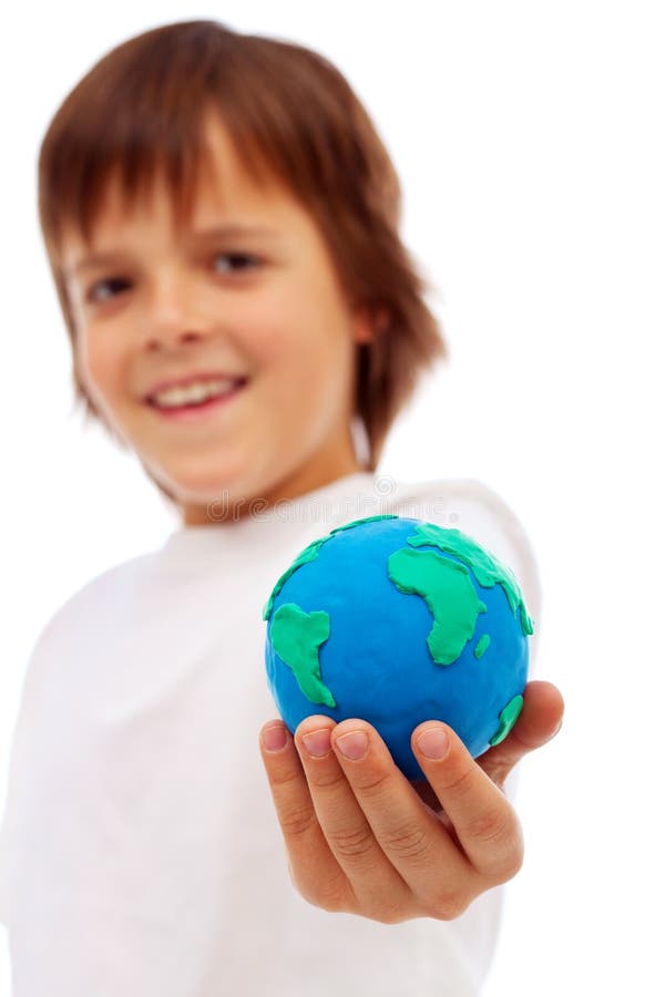 Modelling Clay Earth with Rainbow and Trees in Child Hands Stock Photo ...
