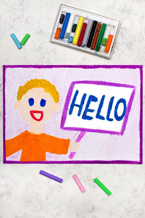 Smiling Boy Holding a White Sign with Word HELLO Stock Image - Image of ...