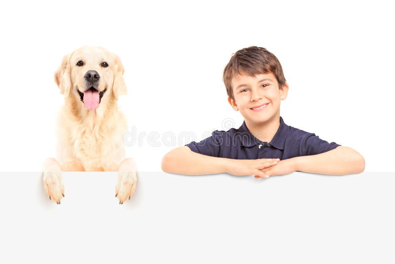 A Smiling Boy and Labrador Retriever Posing Behind a Panel Stock Image ...