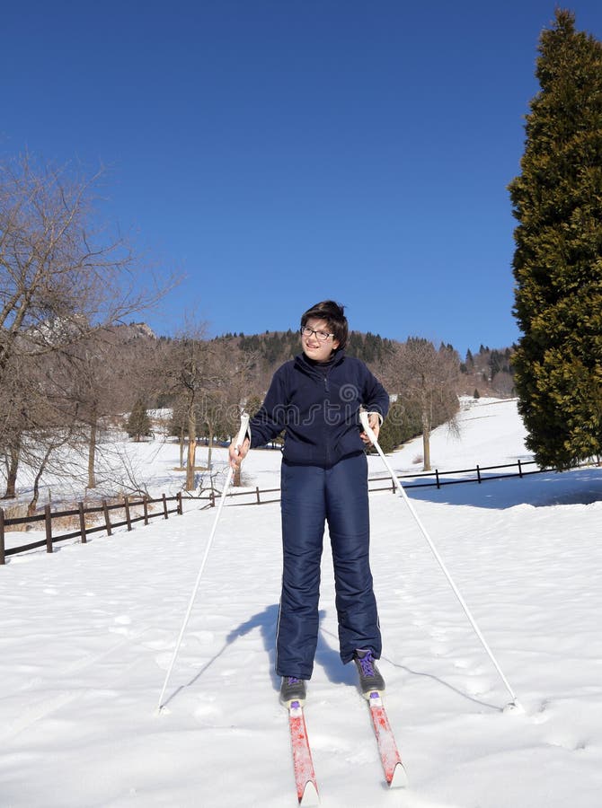Smiling Boy Learns To Ski Cross-country in Winter Stock Image - Image ...
