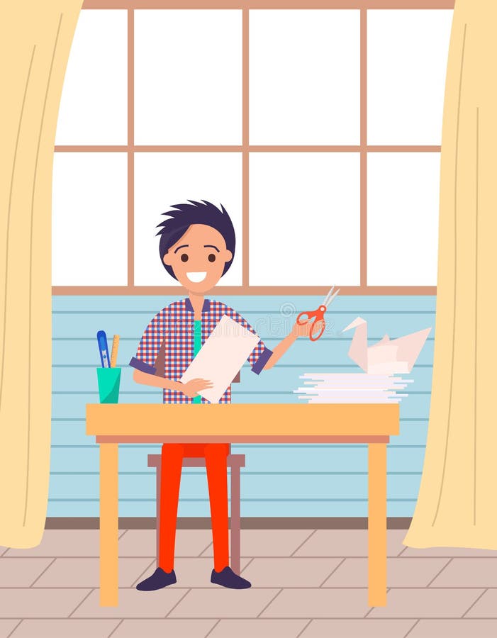 Smiling Boy Making Paper Origami during Creativity Development Lesson ...