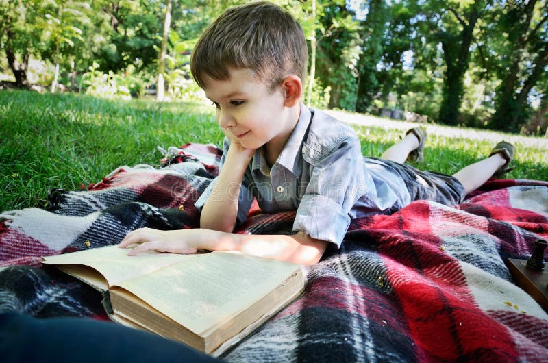 Smiling Boy Reading a Book while Lying on a Mat in the Park Stock Photo ...