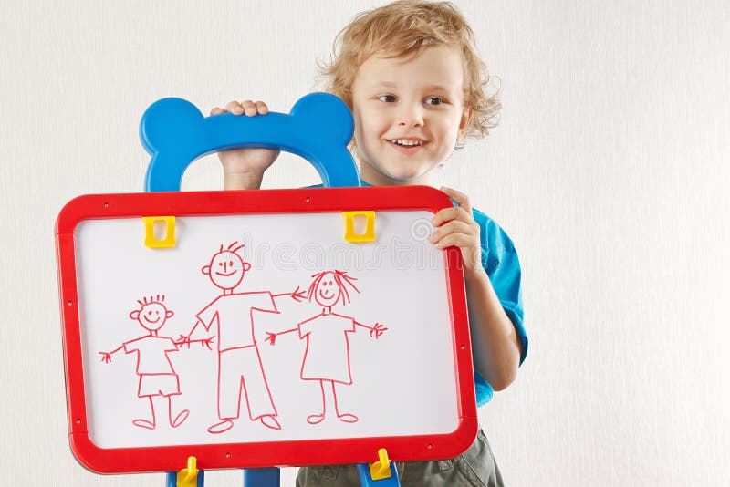 Smiling Boy Shows His Family Painted on Whiteboard Stock Photo - Image ... Smiling Boy Shows His Family Painted on Whiteboard Stock Photo - Image ...