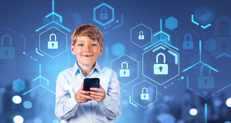 Smiling Boy with Smartphone in City, Cybersecurity Interface Stock ...