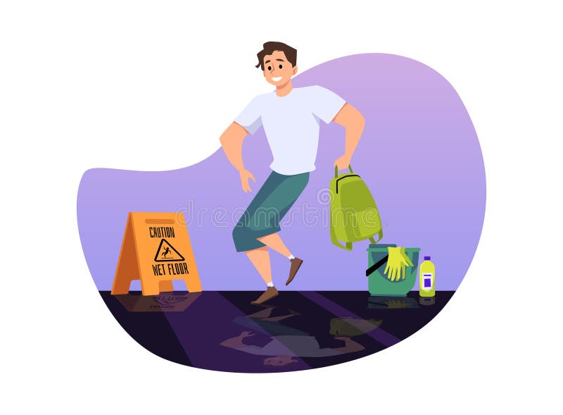 Smiling Boy Sneaking on Wet Floor Flat Style, Vector Illustration Stock ...