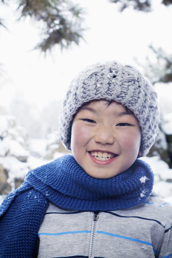 Smiling Boy in the Snow, Portrait Stock Photo - Image of chinese ...