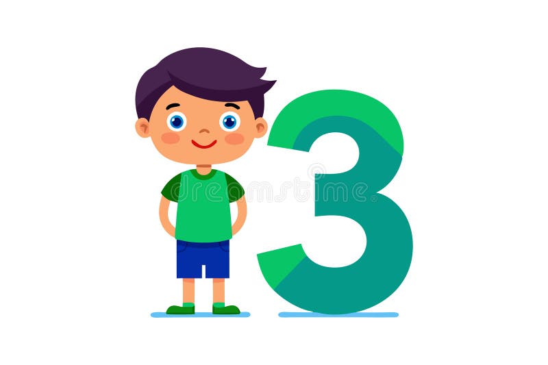 Smiling Boy Standing beside a Large Number Three, Representing Age or ...