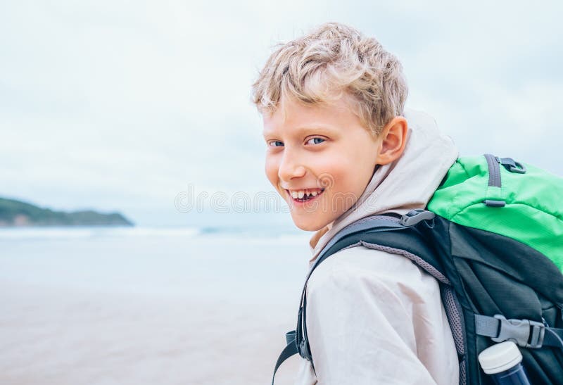 Smiling Boy Traveler Portrait on Ocean Coast Stock Photo - Image of ...