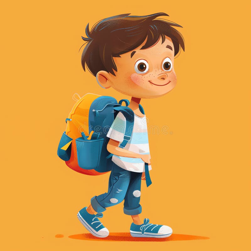 Smiling Boy Walking with a Blue and Yellow Backpack on Yellow ...