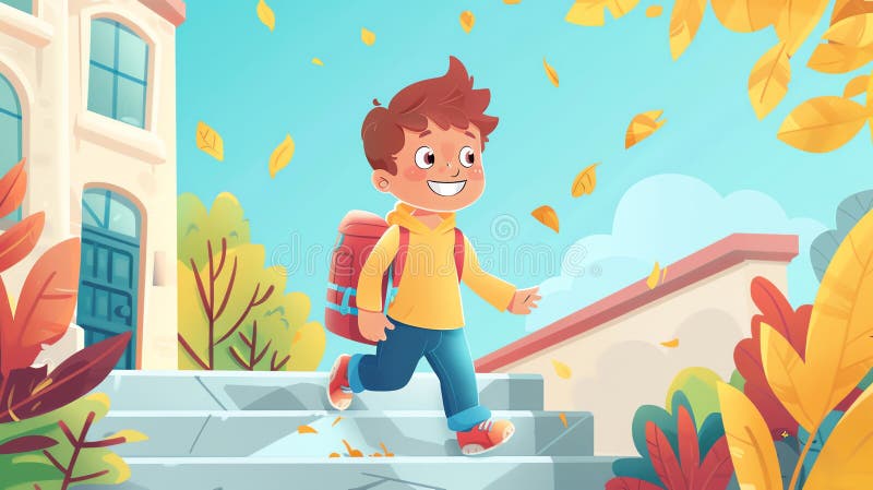 Smiling Boy Walking Up Stairs with Backpack in Autumn with Falling ...