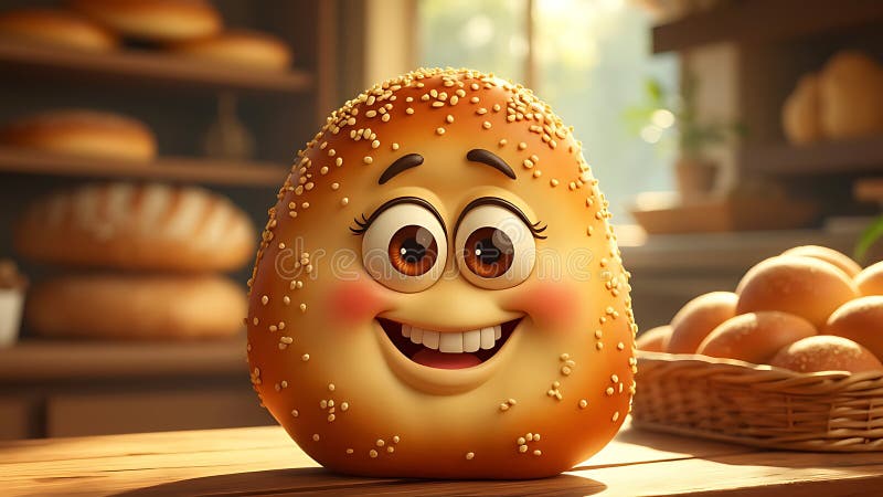 Smiling Bread Bun Character in a Bakery Setting Stock Illustration ...