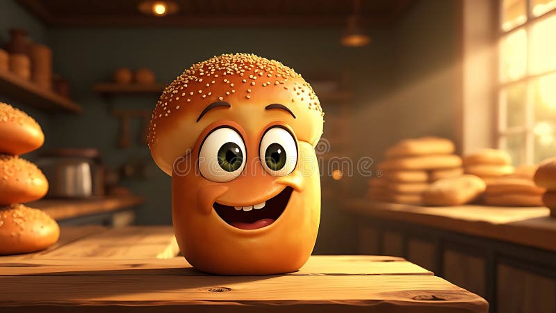 Smiling Bread Bun Character in a Bakery Setting Stock Illustration ...