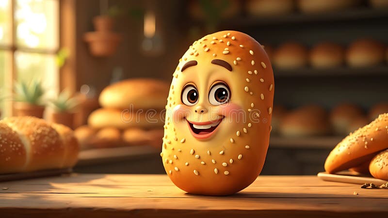 Smiling Bread Bun Character in a Bakery Setting Stock Illustration ...