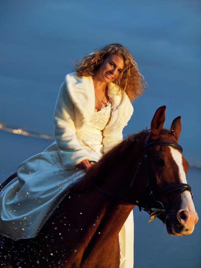 Smiling Bride Ride on Horse in Field at Evening Stock Image - Image of ...