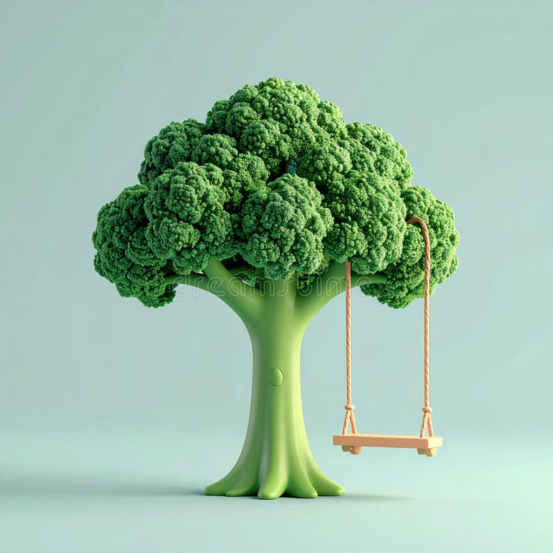 Smiling Broccoli Tree with Swing on Light Green Background Stock ...