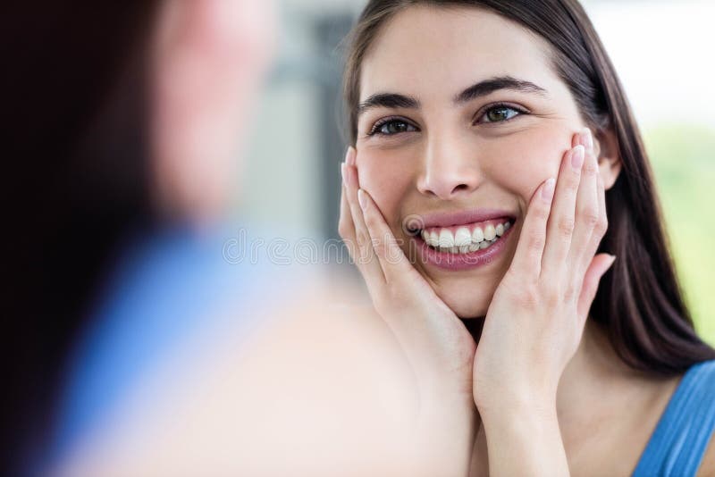 Smiling Brunette in Bathroom Stock Image - Image of admiring, apartment ...