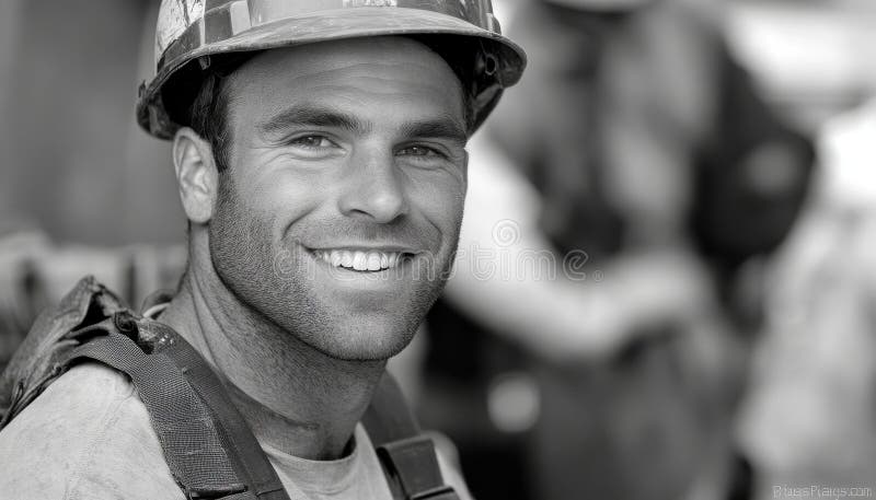 Smiling Builder at a Construction Site Wearing a Hard Hat during a ...