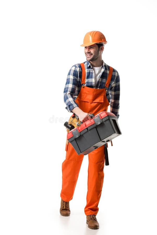 Smiling Builder in Orange Overall and Helmet Carrying Tool Box Stock ...