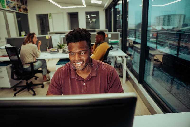 Smiling Business Man Successfully Submitting His Assignment Typing on ...