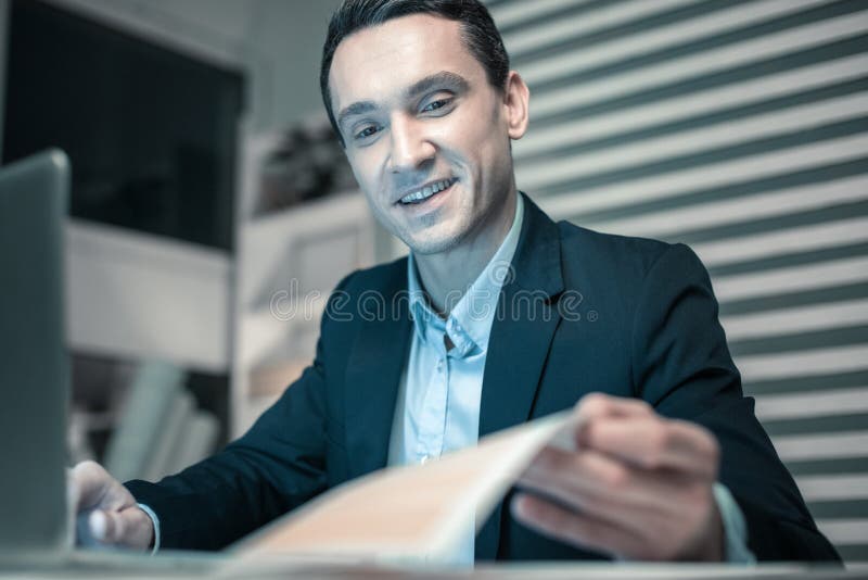 Smiling Business Man Watching at His Notebook Stock Photo - Image of ...
