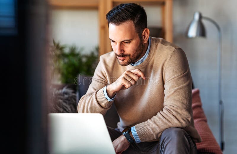 Business Man Working on Laptop at Home Office. Remote Teacher, Remote ...