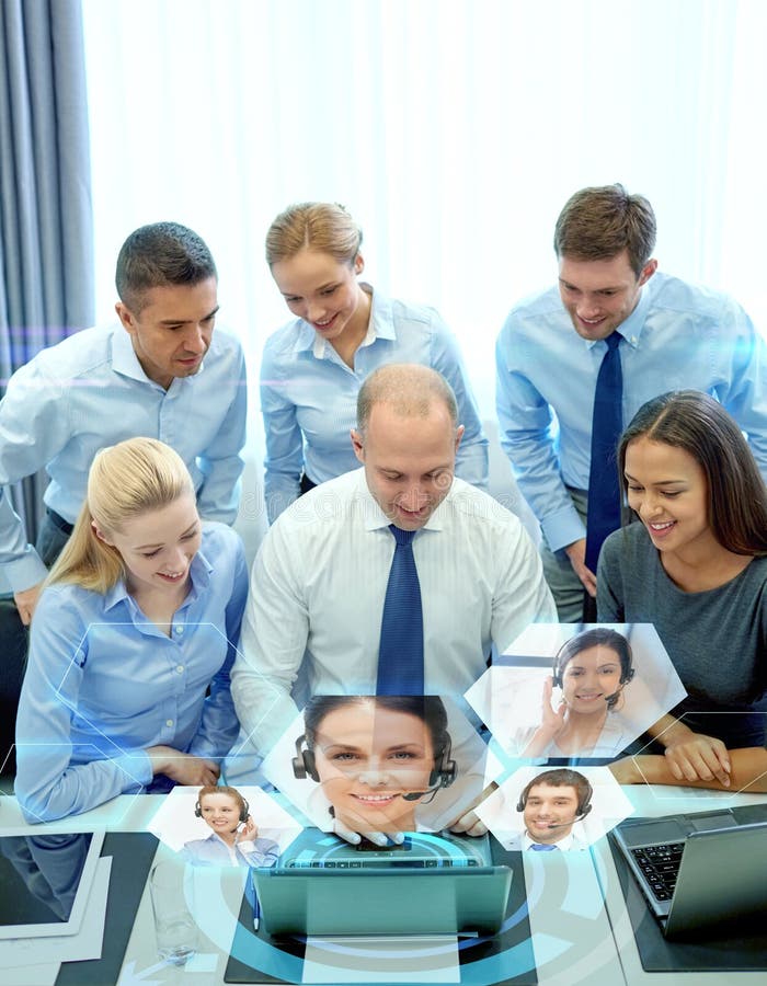 Smiling Business People with Laptop in Office Stock Image - Image of ...