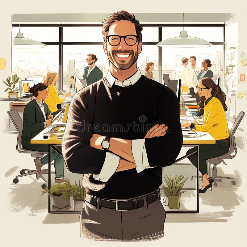 Smiling Business Professional Standing in Modern Office with Team ...