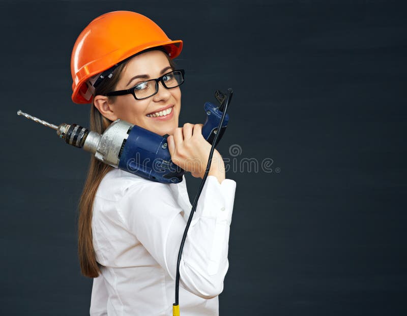 Smiling Business Woman Builder Holding Drill Tool on Shoulder. Stock ...