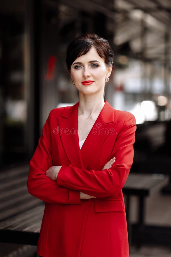 Smiling Business Woman Dressed Red Jacket And Red Lipstick Standing