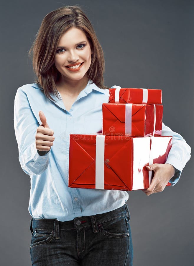 Smiling Business Woman Hold Red Gift Box Show Thumb Up Stock Photos ... Smiling Business Woman Hold Red Gift Box Show Thumb Up Stock Photos ...