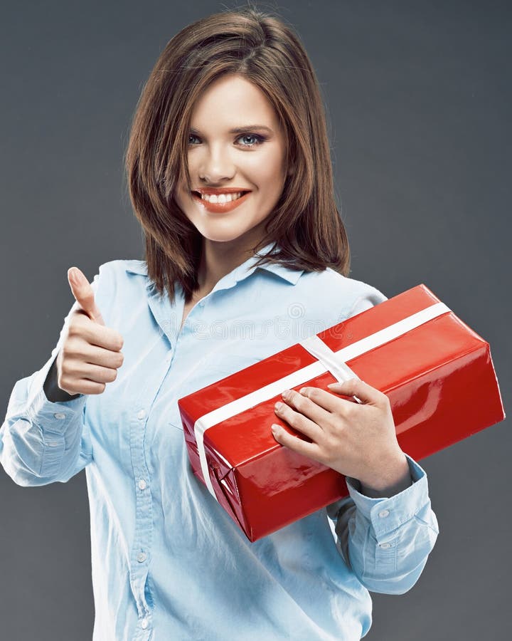 Smiling Business Woman Hold Red Gift Box Show Thumb Up Stock Photo ... Smiling Business Woman Hold Red Gift Box Show Thumb Up Stock Photo ...