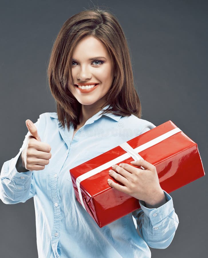 Smiling Business Woman Hold Red Gift Box Show Thumb Up Stock Photos ... Smiling Business Woman Hold Red Gift Box Show Thumb Up Stock Photos ...
