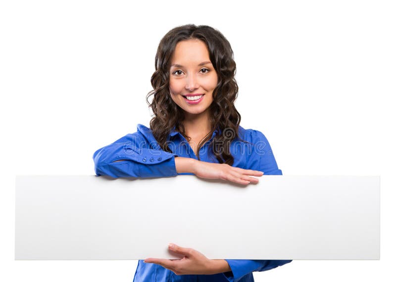 Smiling Business Woman Hold White Advertising Board. White Card Stock ... Smiling Business Woman Hold White Advertising Board. White Card Stock ...