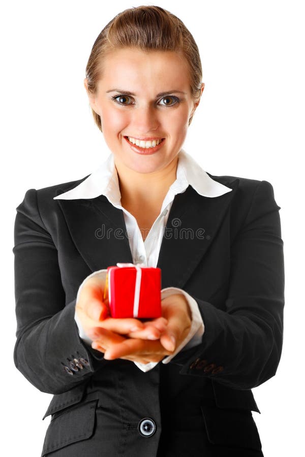 Smiling Business Woman Holding Present in Hands Stock Image - Image of ...