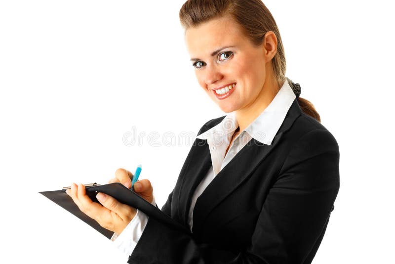 Smiling Business Woman Making Notes in Document Stock Image - Image of ...