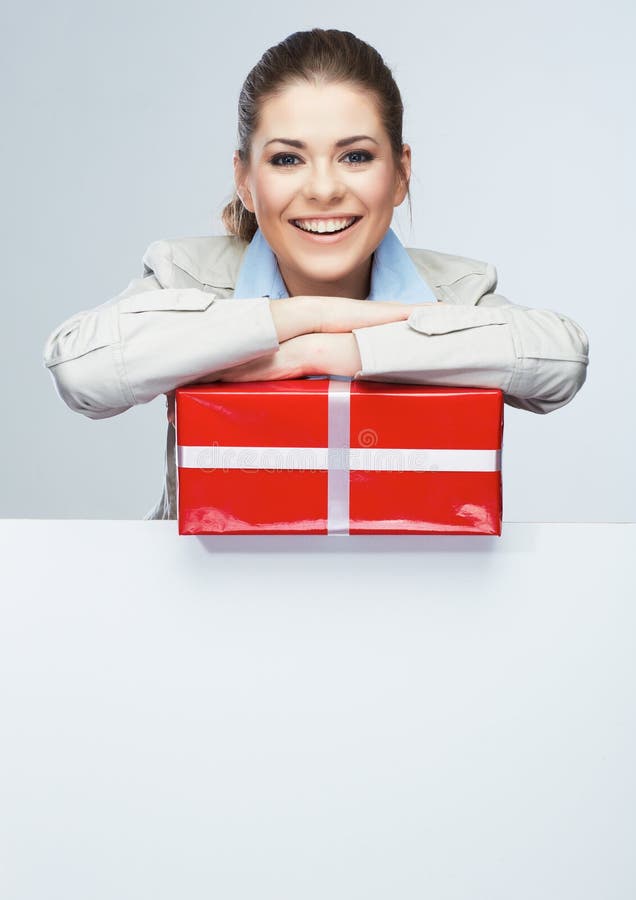 Smiling Business Woman Red Gift Box Hold. Stock Image - Image of poster ... Smiling Business Woman Red Gift Box Hold. Stock Image - Image of poster ...
