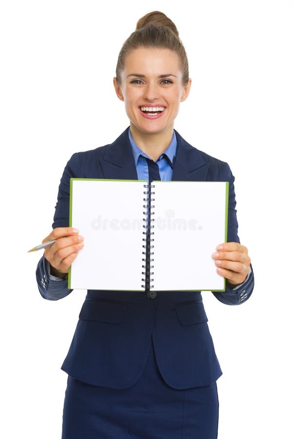 Smiling Business Woman Showing Open Notepad Stock Image - Image of note ...