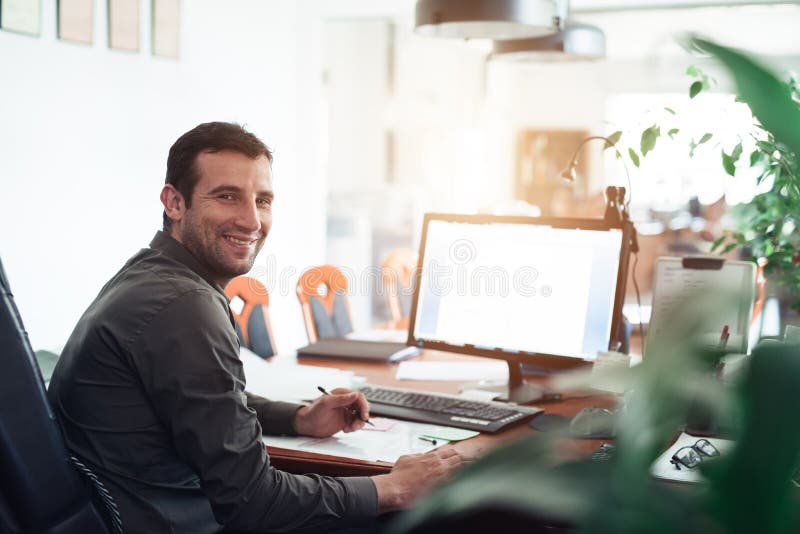 Smiling Businessman Hard at Work on Computer in an Office Stock Image ...