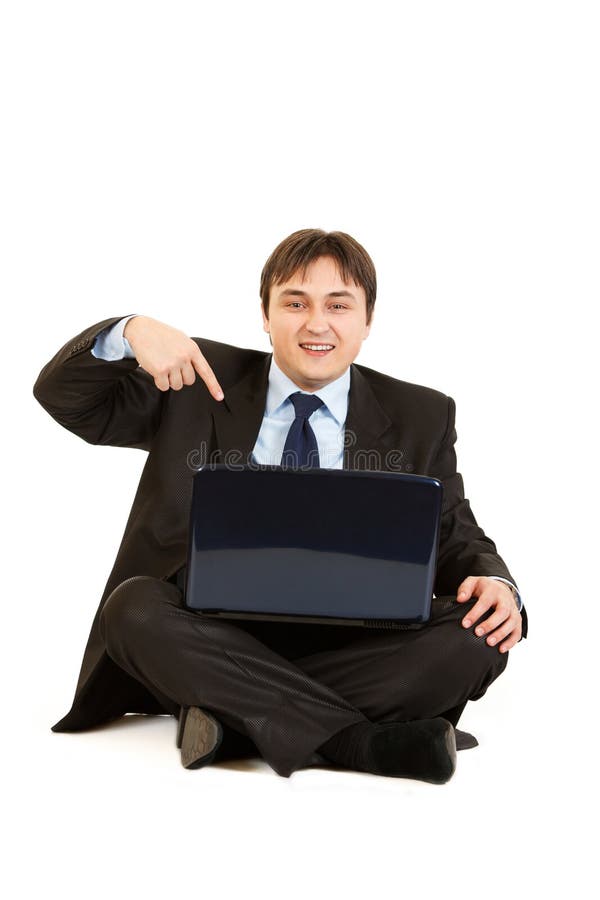 Smiling Businessman Pointing Finger at Laptop Stock Image - Image of ... Smiling Businessman Pointing Finger at Laptop Stock Image - Image of ...