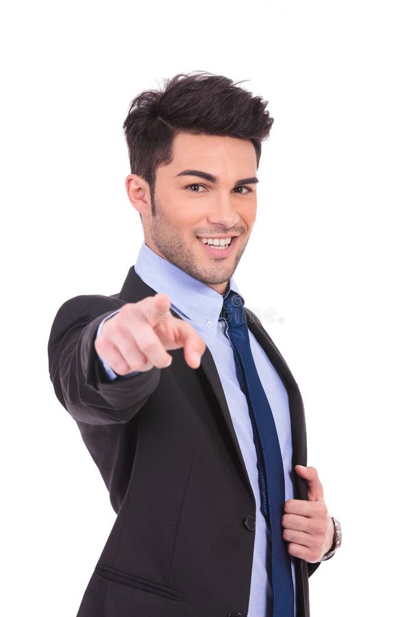 Smiling Businessman Pointing His Finger Stock Photo - Image of blue ...