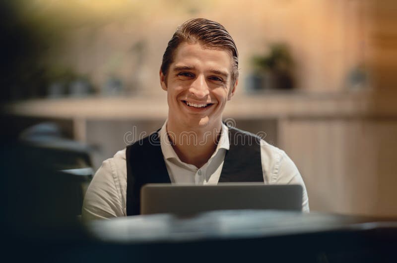 Smiling Businessman Working on Computer Laptop in Creative Working ...
