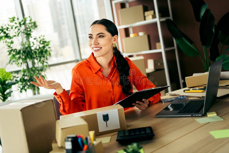 Smiling Businesswoman Working Ecommerce Task Packaging Boxes Laptop Modern Workspace Stock ...