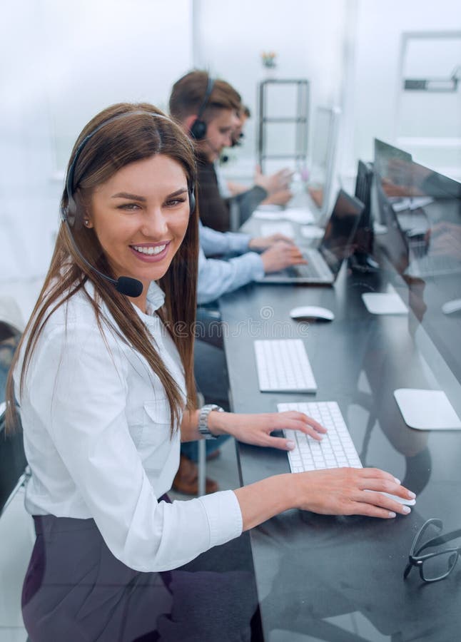 Smiling Call Center Employee in the Workplace Stock Image - Image of ...