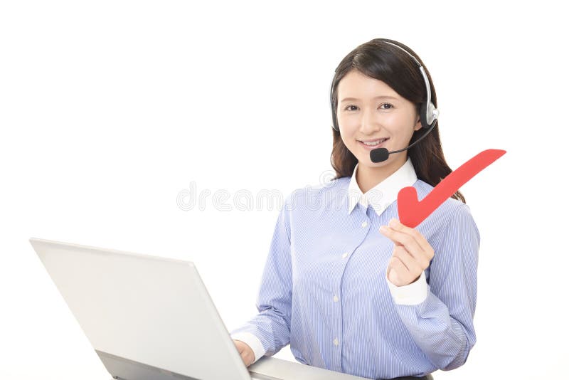 Smiling Call Center Operator with a Check Mark Stock Image - Image of ...