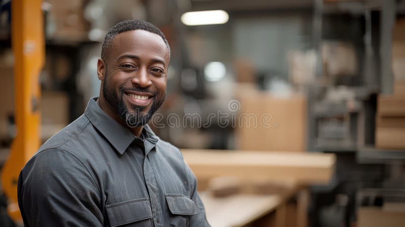 Smiling Carpenter Inside Workshop Surrounded by Wood and Tools Stock ...