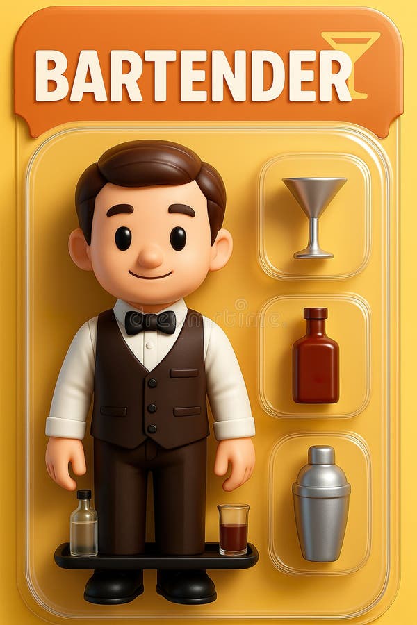 Smiling Cartoon Bartender in Brown Uniform Inside Yellow Plastic Toy ...